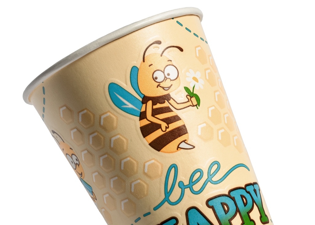12oz Insulated(DW) Embossed Compostable Paper Hot/Cold Cups, Bee Happy